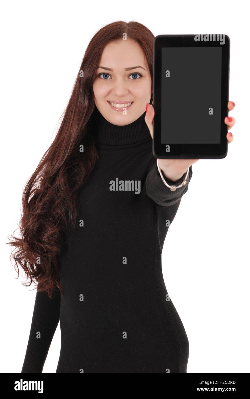 Smiling student teenage girl showing a tablet display application ...