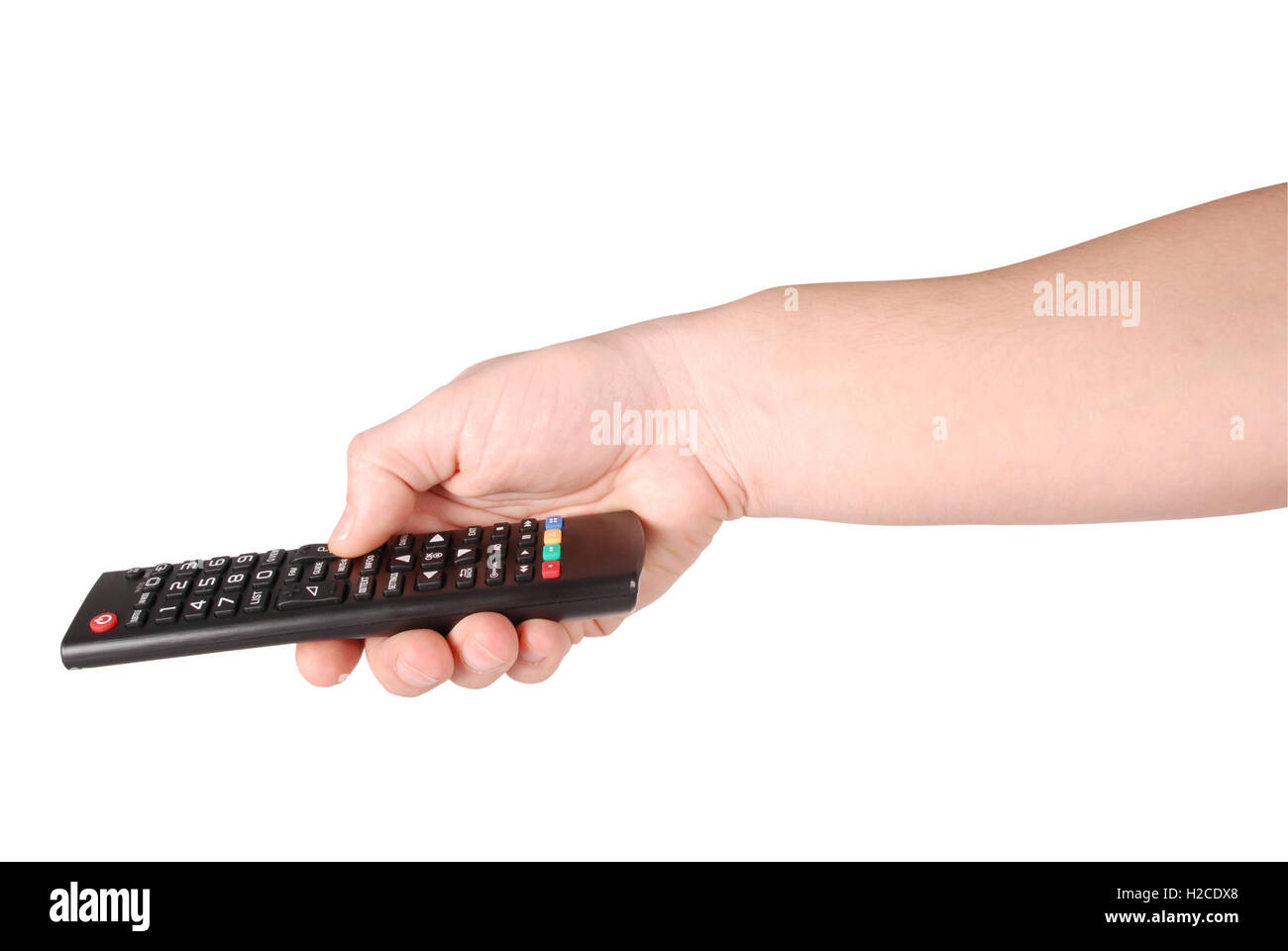 Hand holding remote control to the TV isolated with path Stock Photo ...