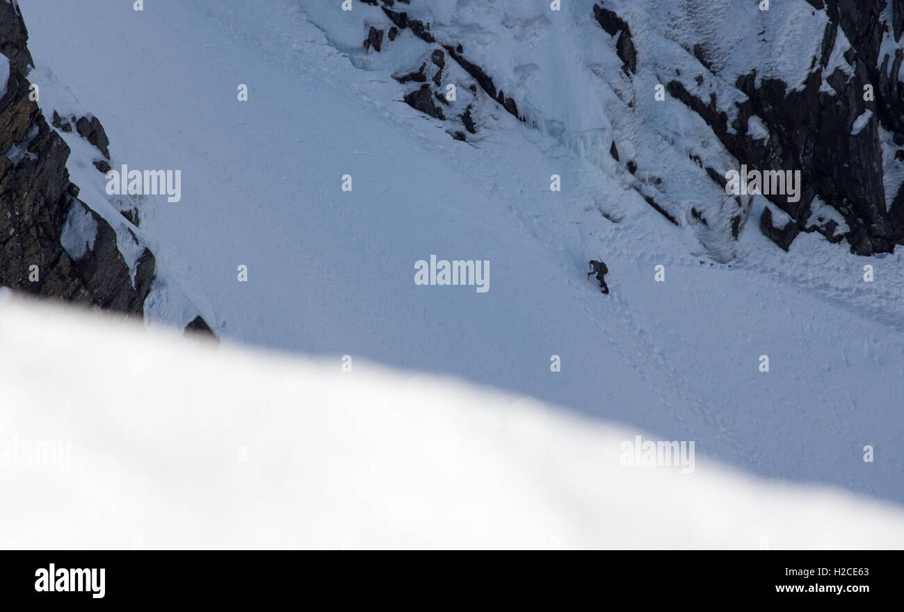 A mountaineer climbing the Eastern Traverse on Tower Ridge on Ben Nevis ...