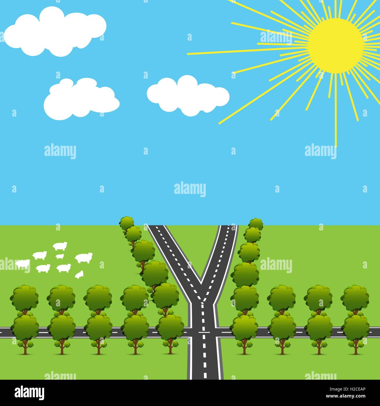 Intersections and branch roads in the animated style. Green trees ...