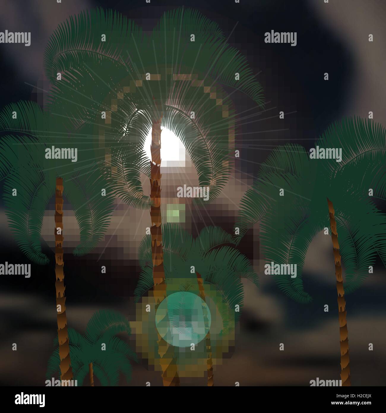 Palm trees in the background of thunderclouds. Sun rays. illustration ...