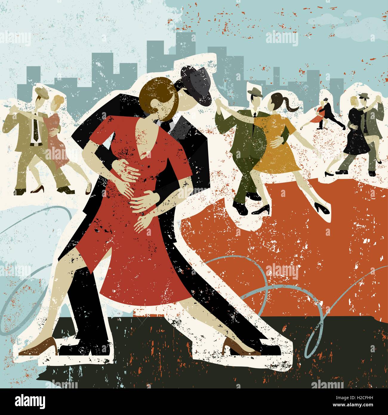 Dancing the Tango Five couples dancing the tango over an abstract ...