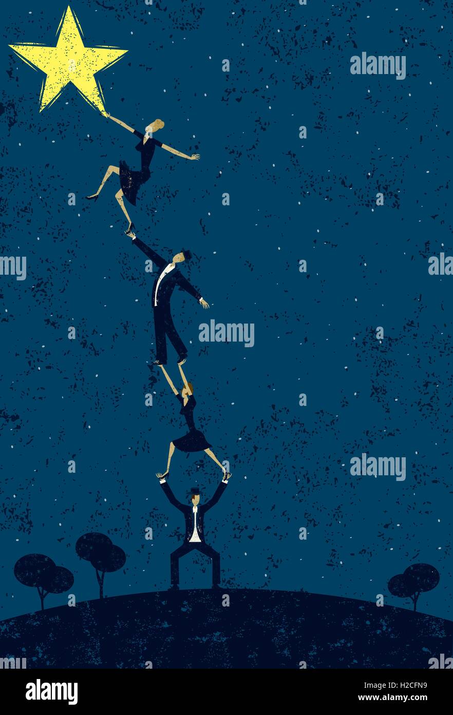 Reaching for a star A group of men and women working together to reach ...