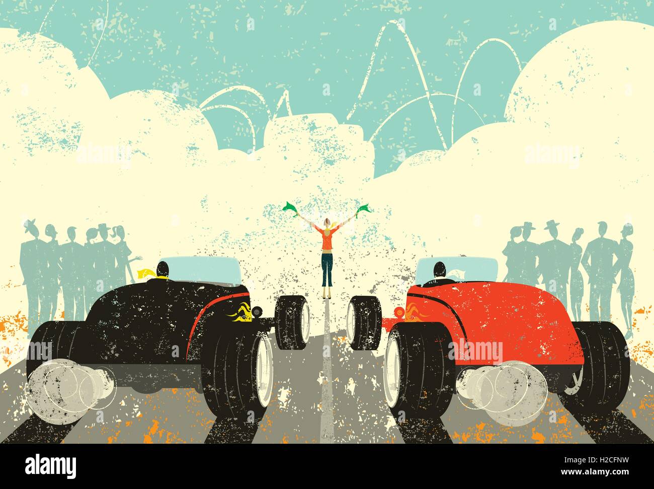 Retro Drag Race A retro hot rod drag race about to start with a large ...