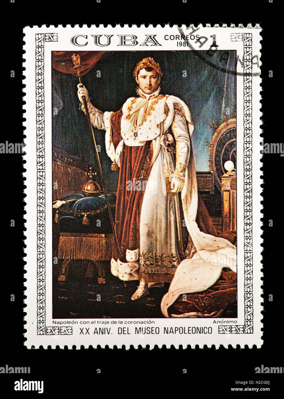Postage stamp from Cuba depicting a painting "Napoleon in Coronation ...