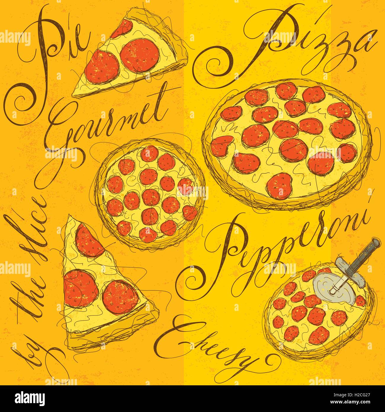 Pizza with calligraphy Sketchy, hand drawn pizzas with calligraphy ...