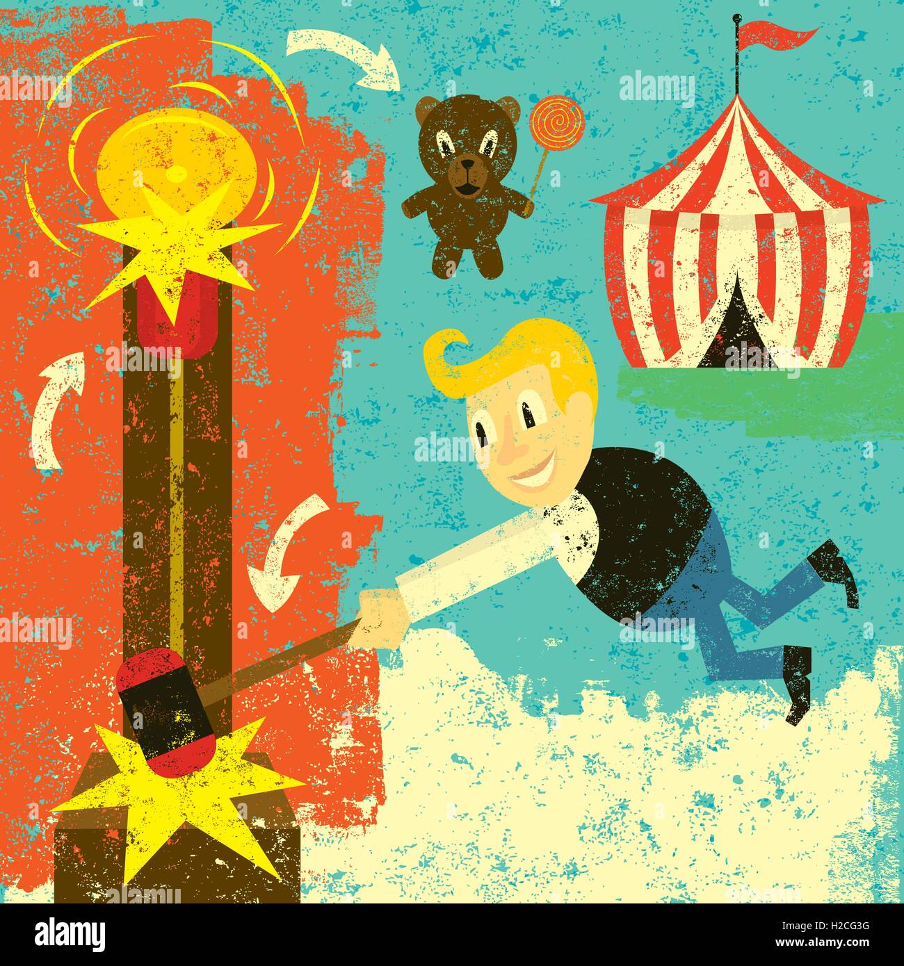 Carnival Game Winner A happy man swinging the hammer down on the high ...