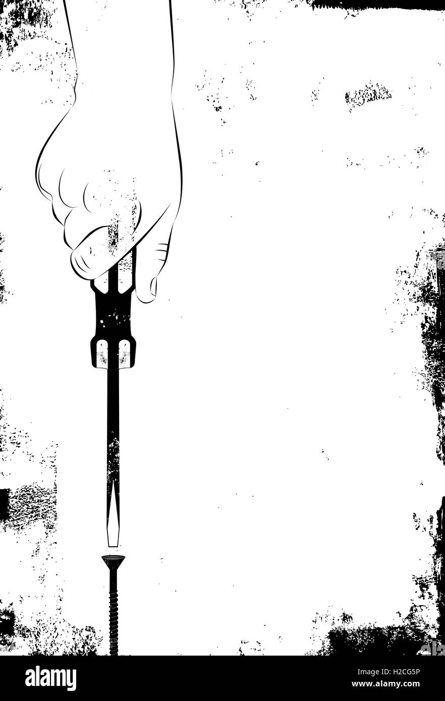 Screw driving Hand holding screwdriver fastening screw over a textured ...