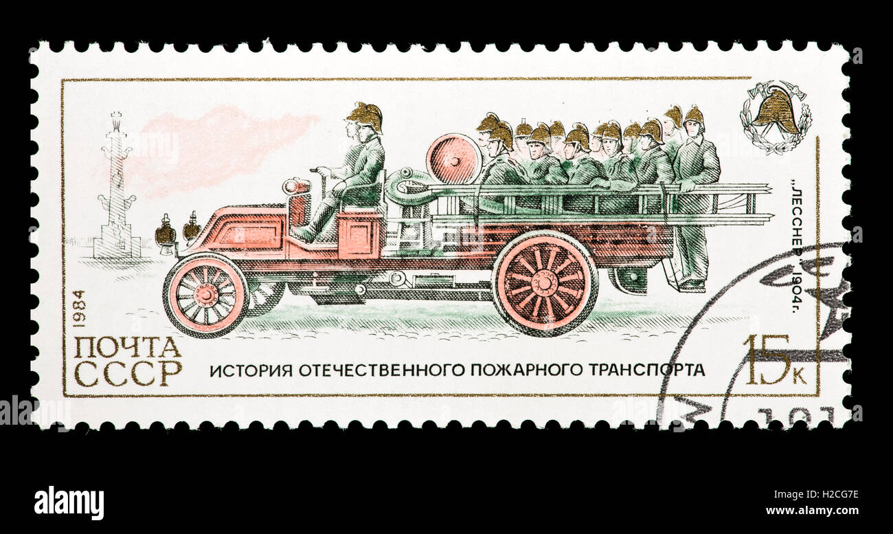 Postage stamp from the Soviet Union depicting an early pumper fire ...