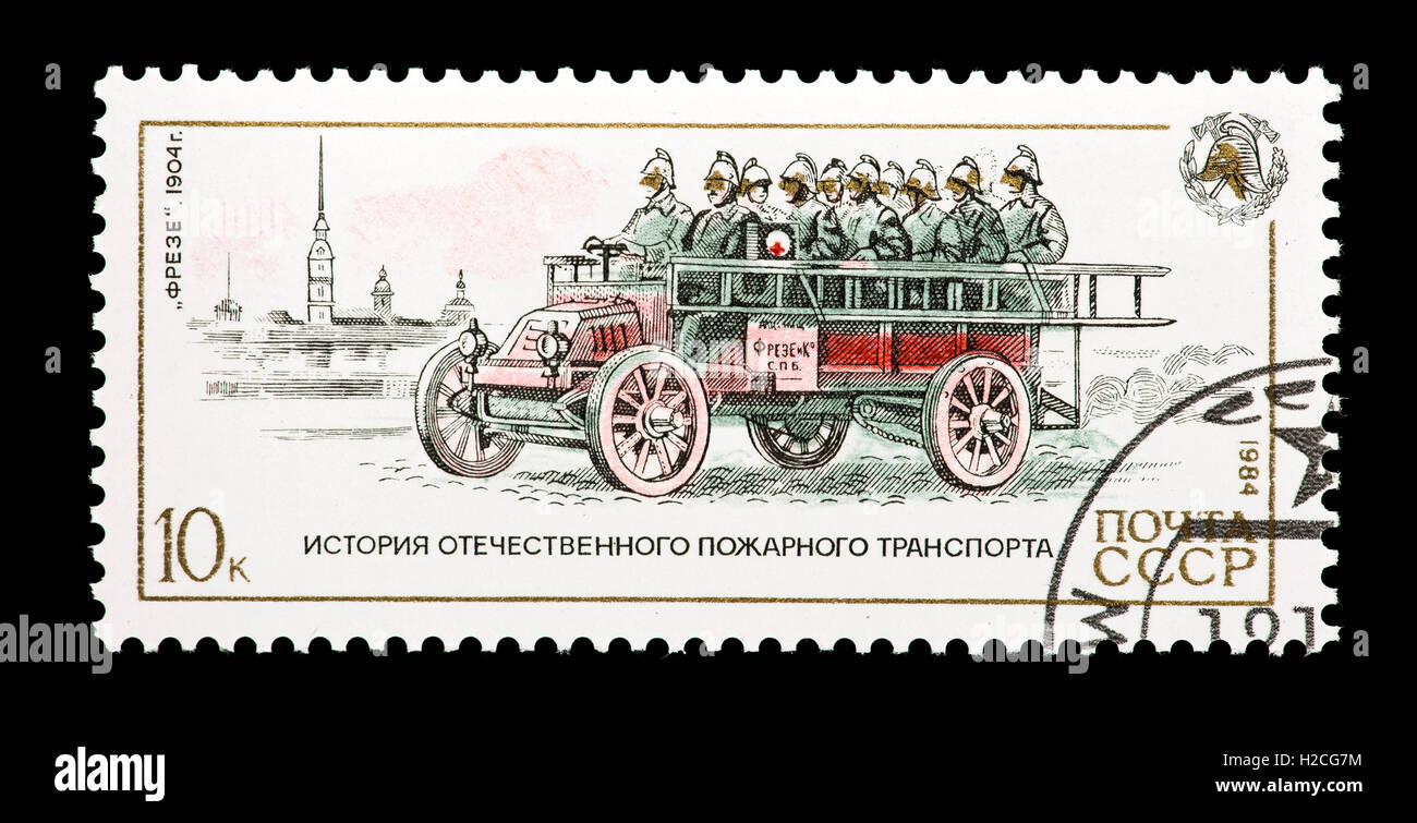 Postage stamp from the Soviet Union depicting a ladder fire truck from ...