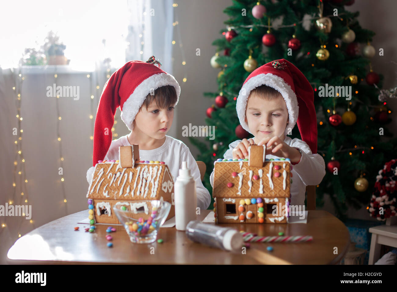 Two sweet boys, brothers, making gingerbread cookies house, decorating ...