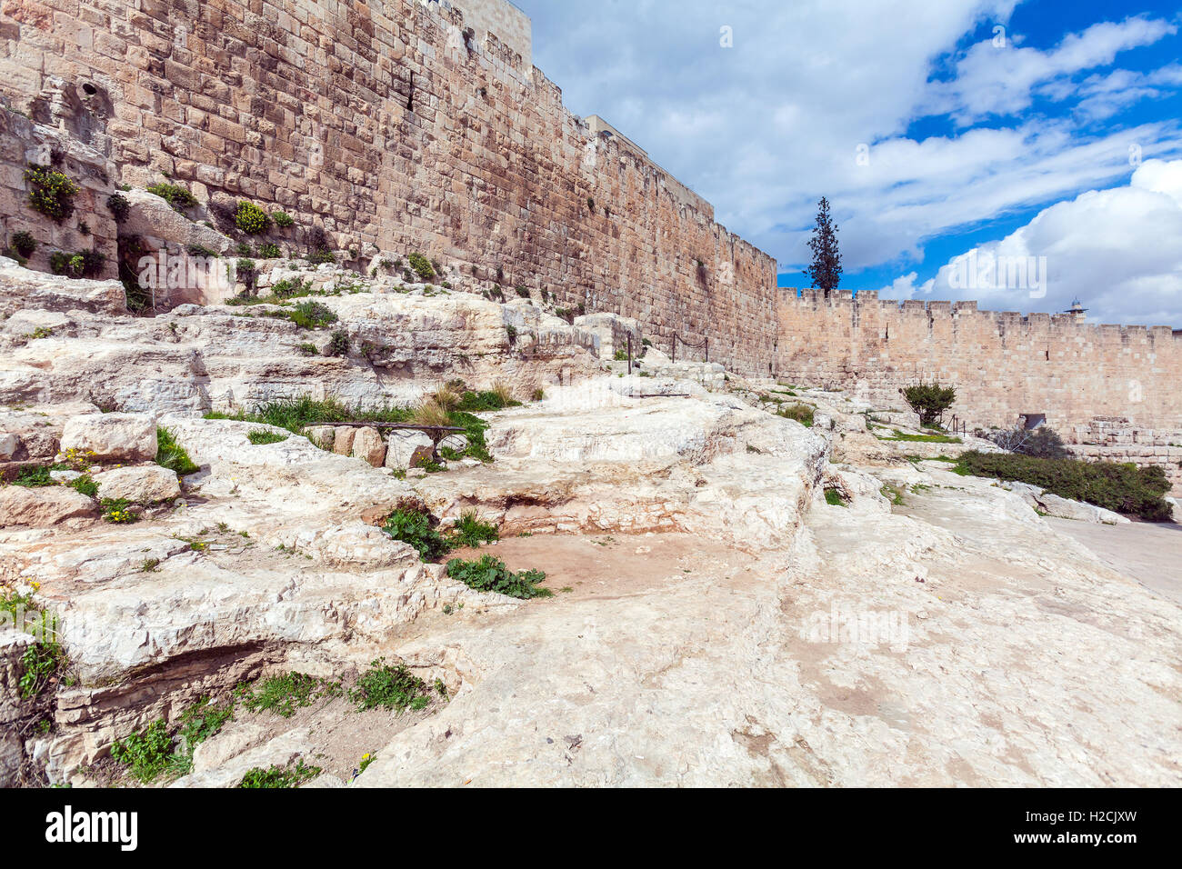 Walls of Ancient City on Rock foundation, Jerusalem, Israel Stock Photo ...