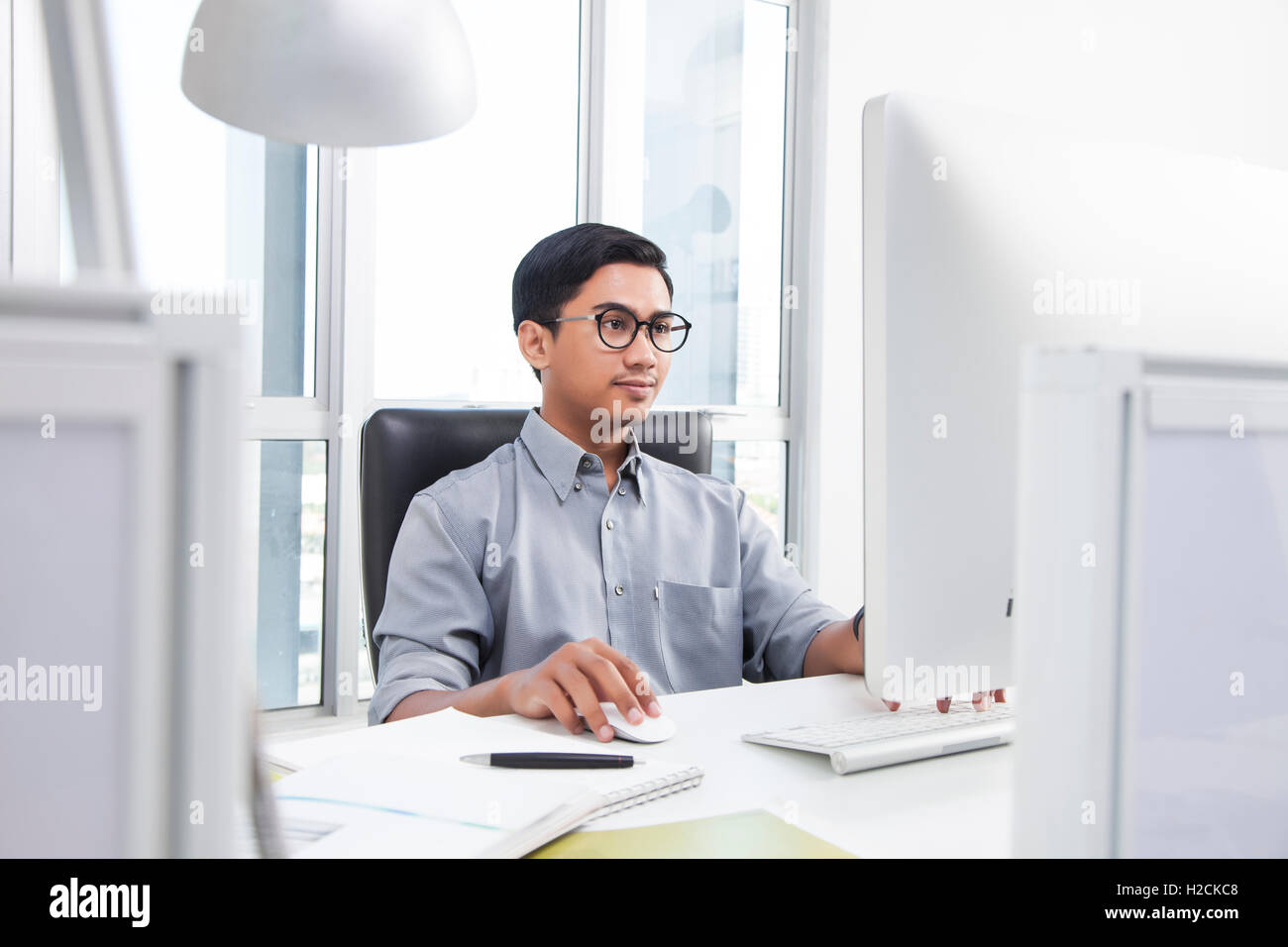Businessman looking at computer screen in office Stock Photo - Alamy