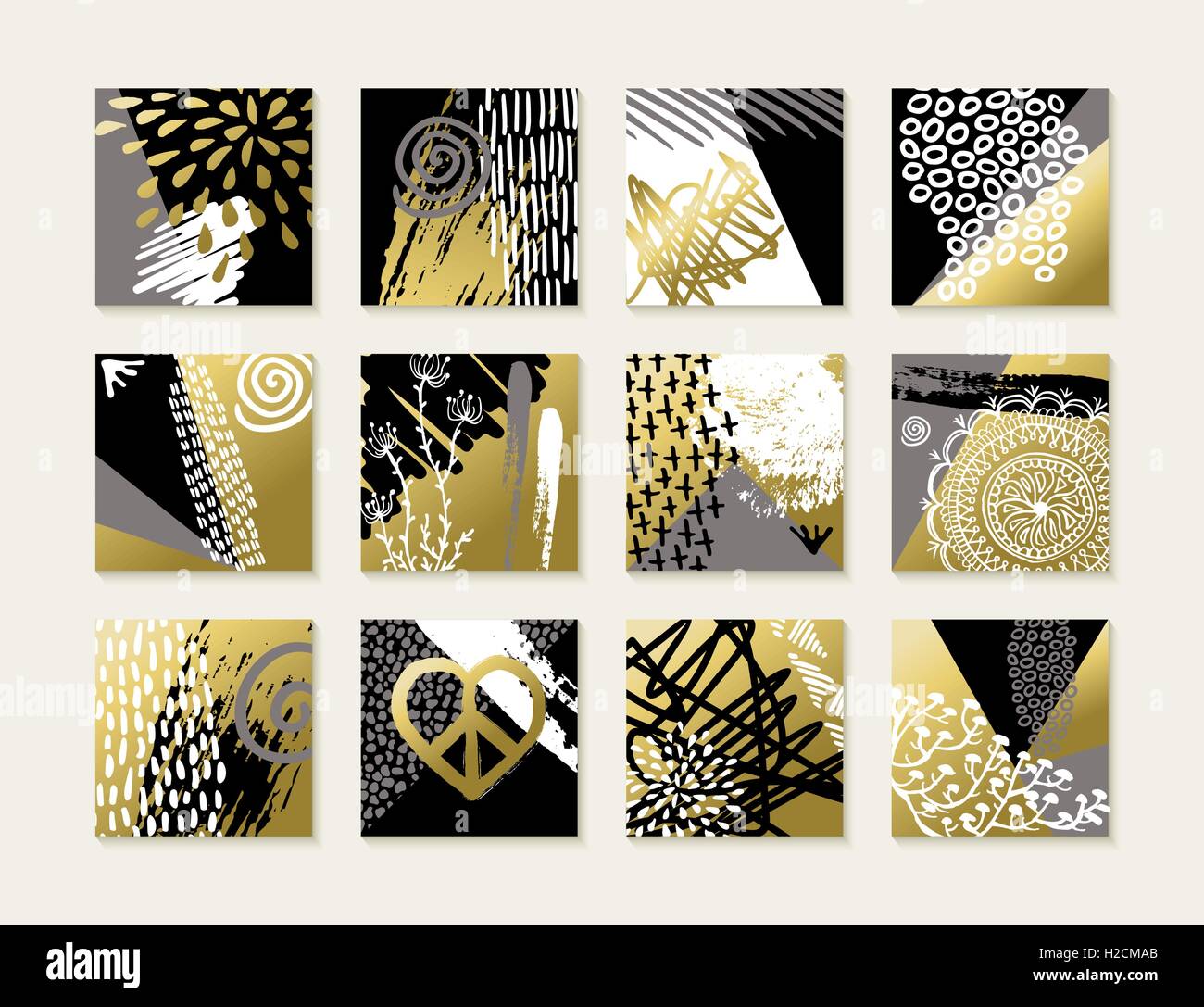 Set of abstract boho art style card designs in gold color with hand ...