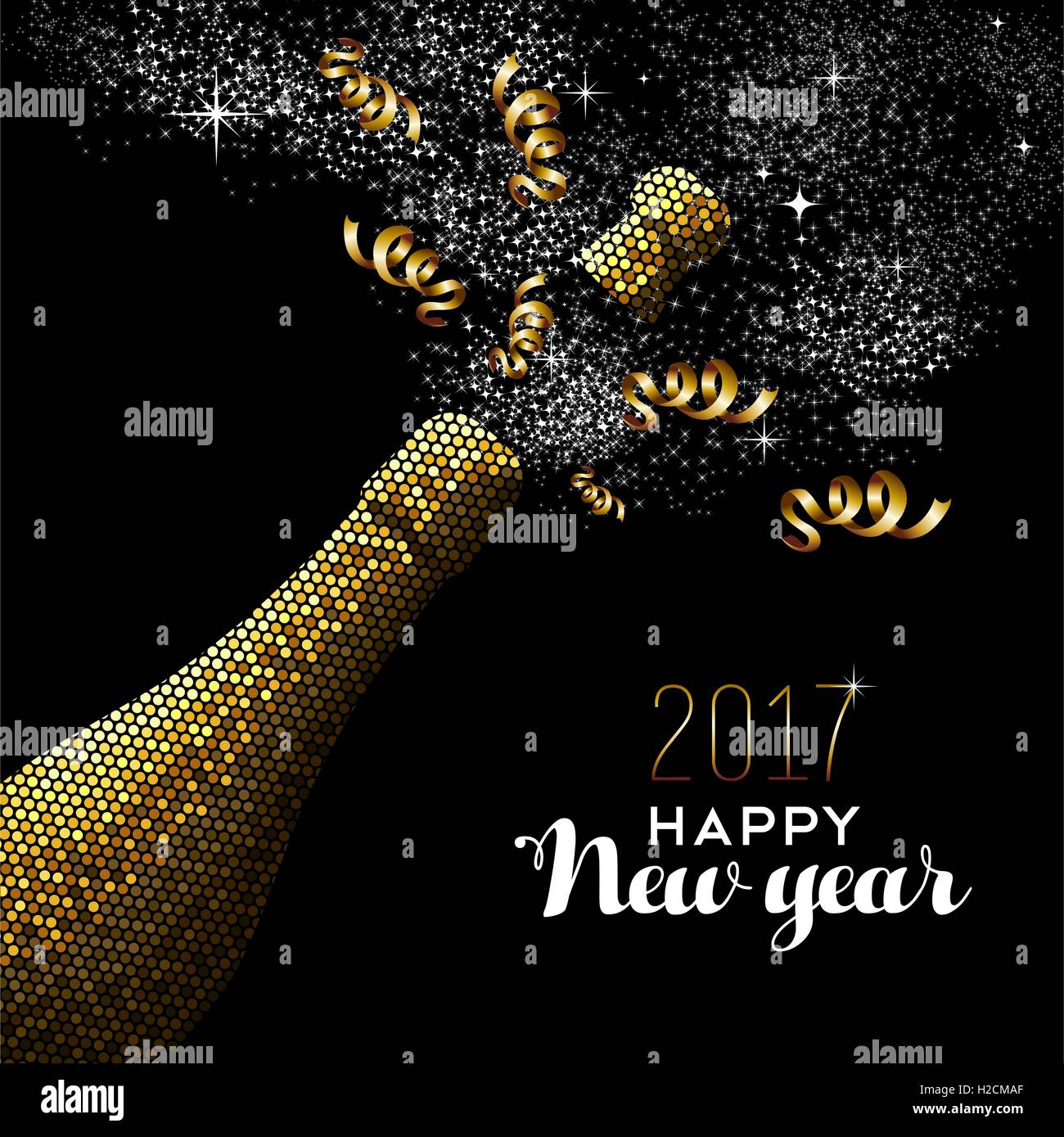 Happy new year 2017 gold champagne bottle celebration in mosaic style ...