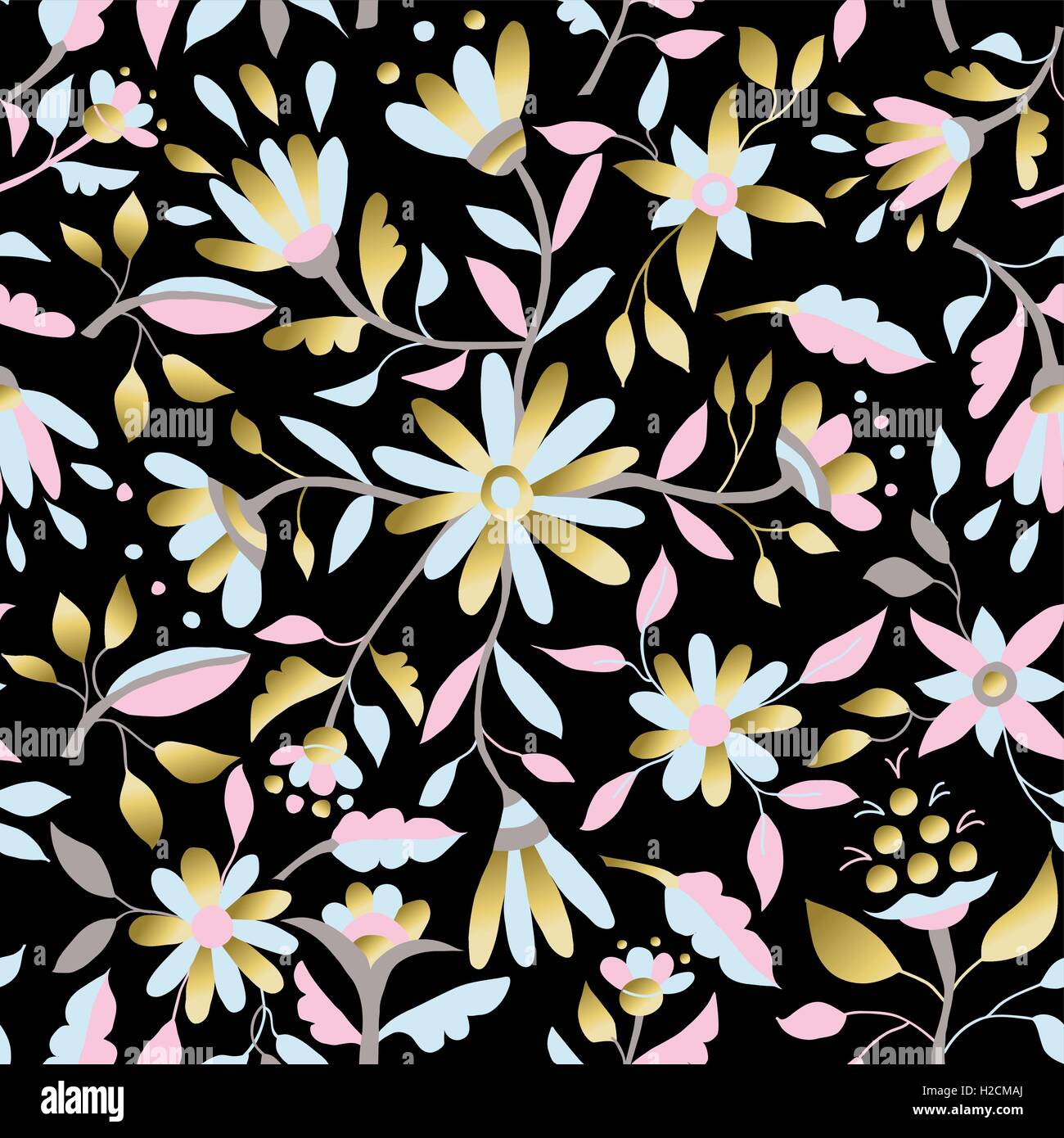 Gold floral spring seamless pattern with daisy flowers, leaves and ...