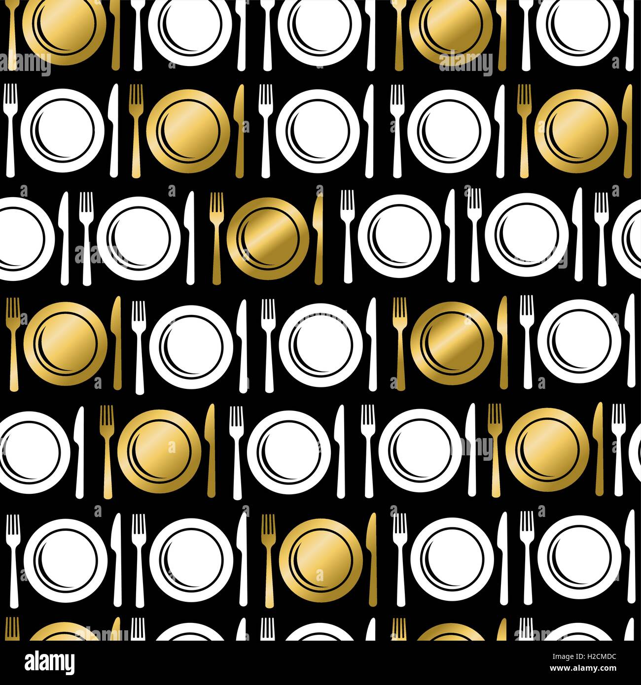 Gold cutlery seamless pattern with restaurant utensil icons, fork ...