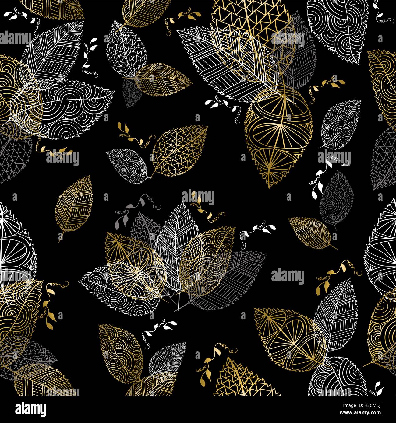 Hand drawn gold autumn tree leaves seamless pattern. Fall season ...