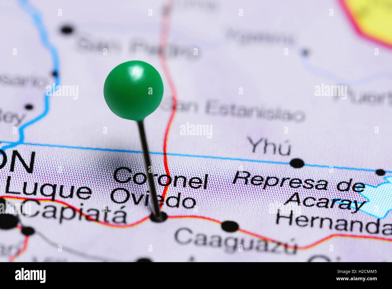 Coronel Oviedo pinned on a map of Paraguay Stock Photo - Alamy