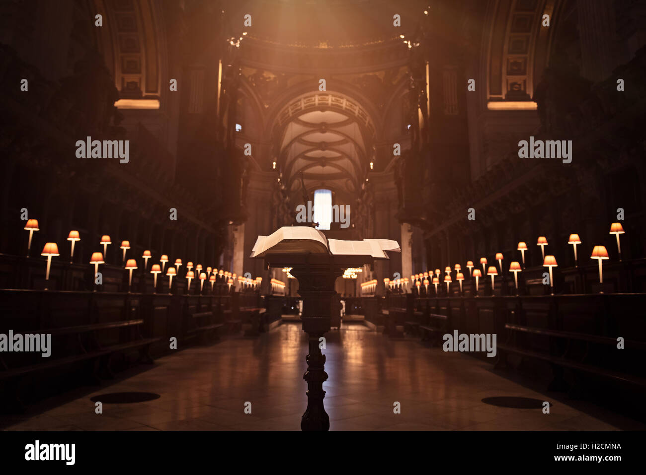 Choir stalls and bible on a wooden carved stand at St. Paul's Cathedral ...
