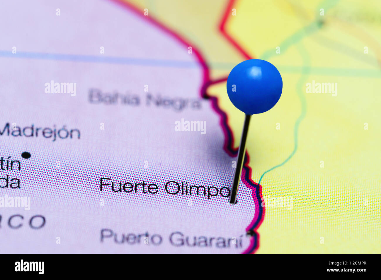 Fuerte Olimpo pinned on a map of Paraguay Stock Photo - Alamy