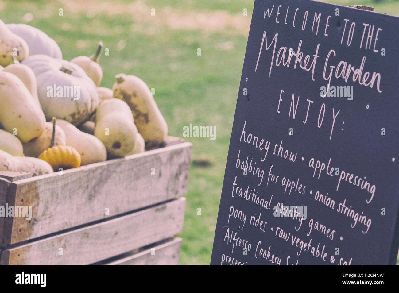 Welcome to the market garden sign chalked on a sign at Daylesford ...