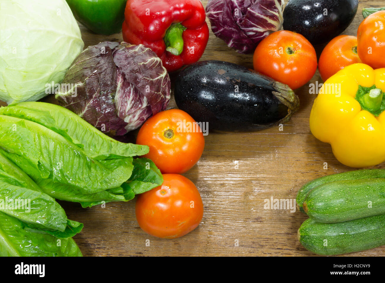 Composition of fresh vegetable on wood Stock Photo - Alamy