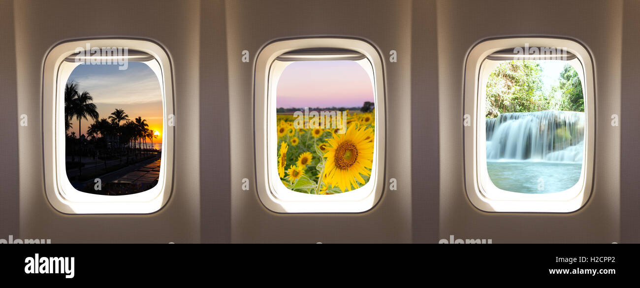 three airplane window concept to travel nature background Stock Photo ...