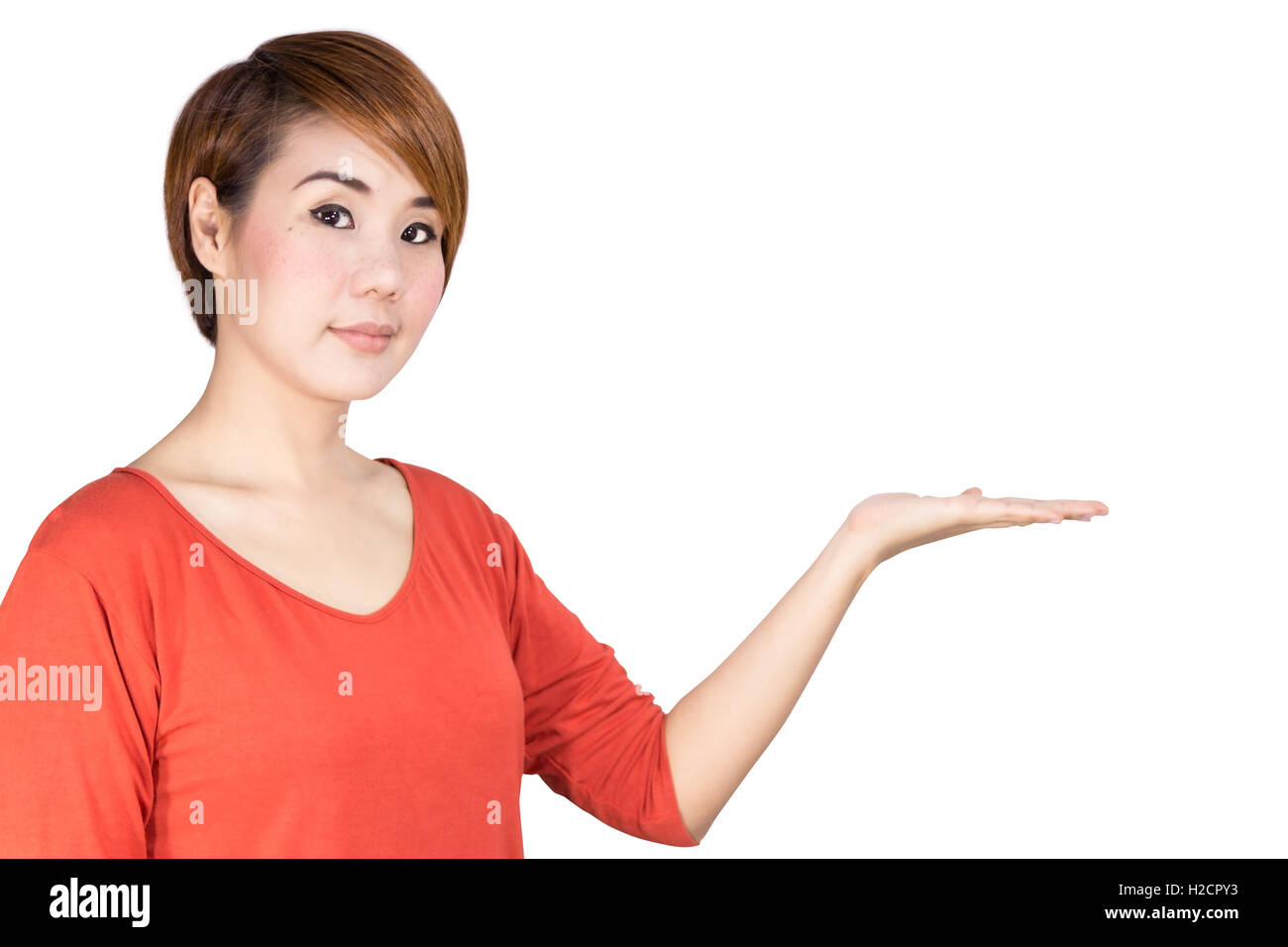 Woman with hand showing blank sign Stock Photo - Alamy