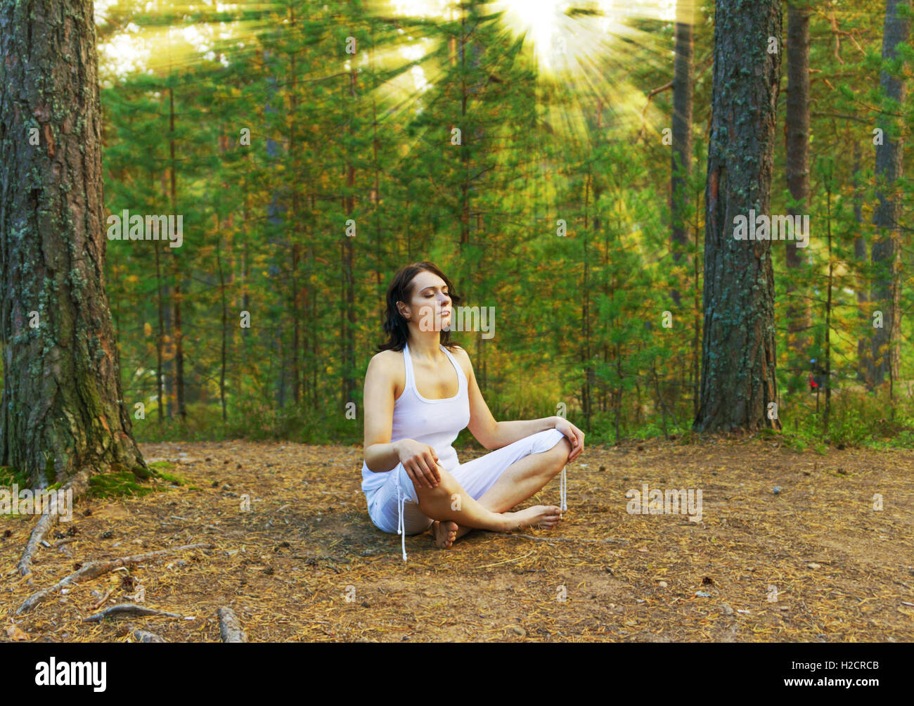 Young Woman meditate in the autumn forest Stock Photo - Alamy