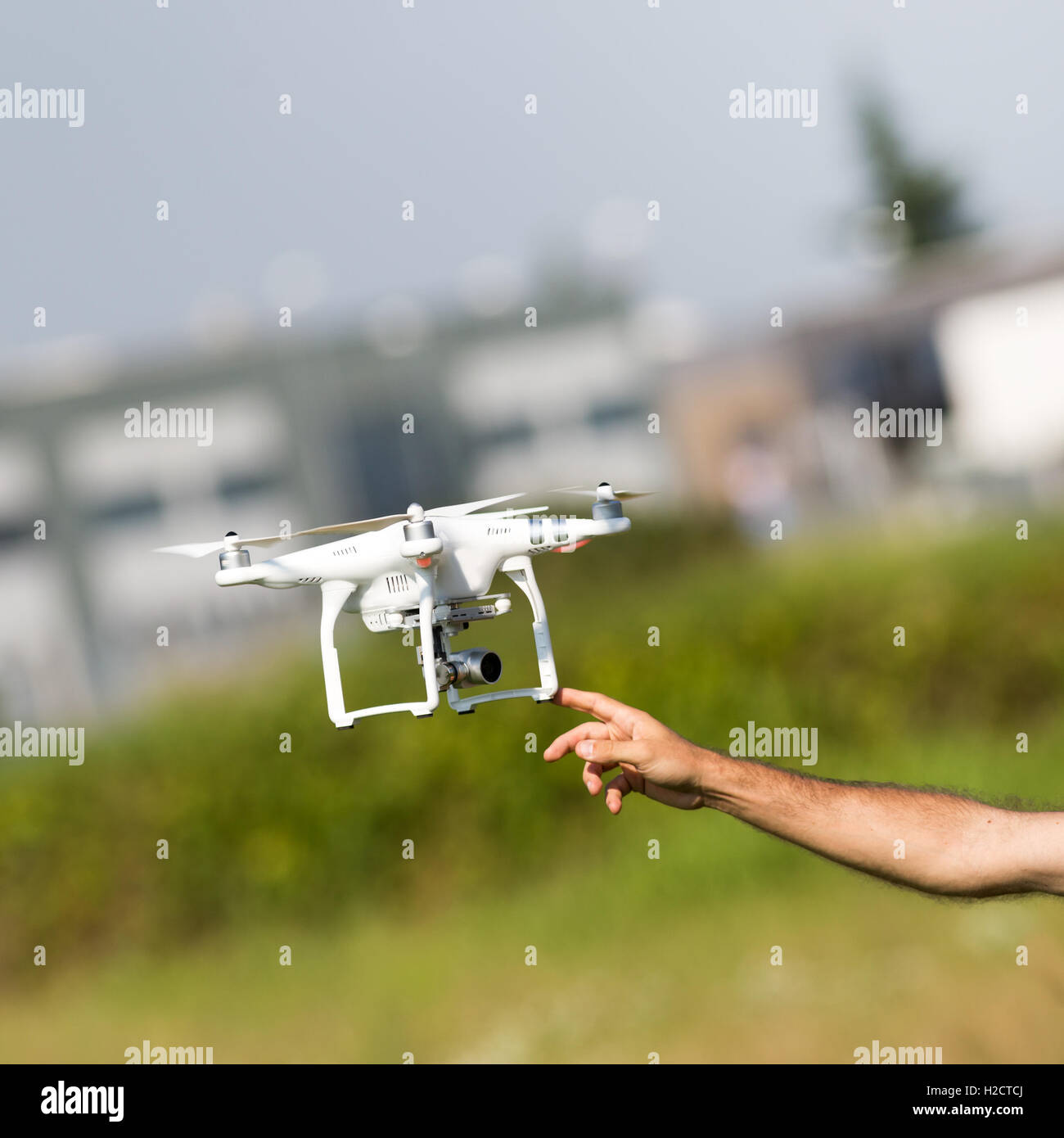 Quadcopter drone flying, technology and surveillance concepts Stock ...