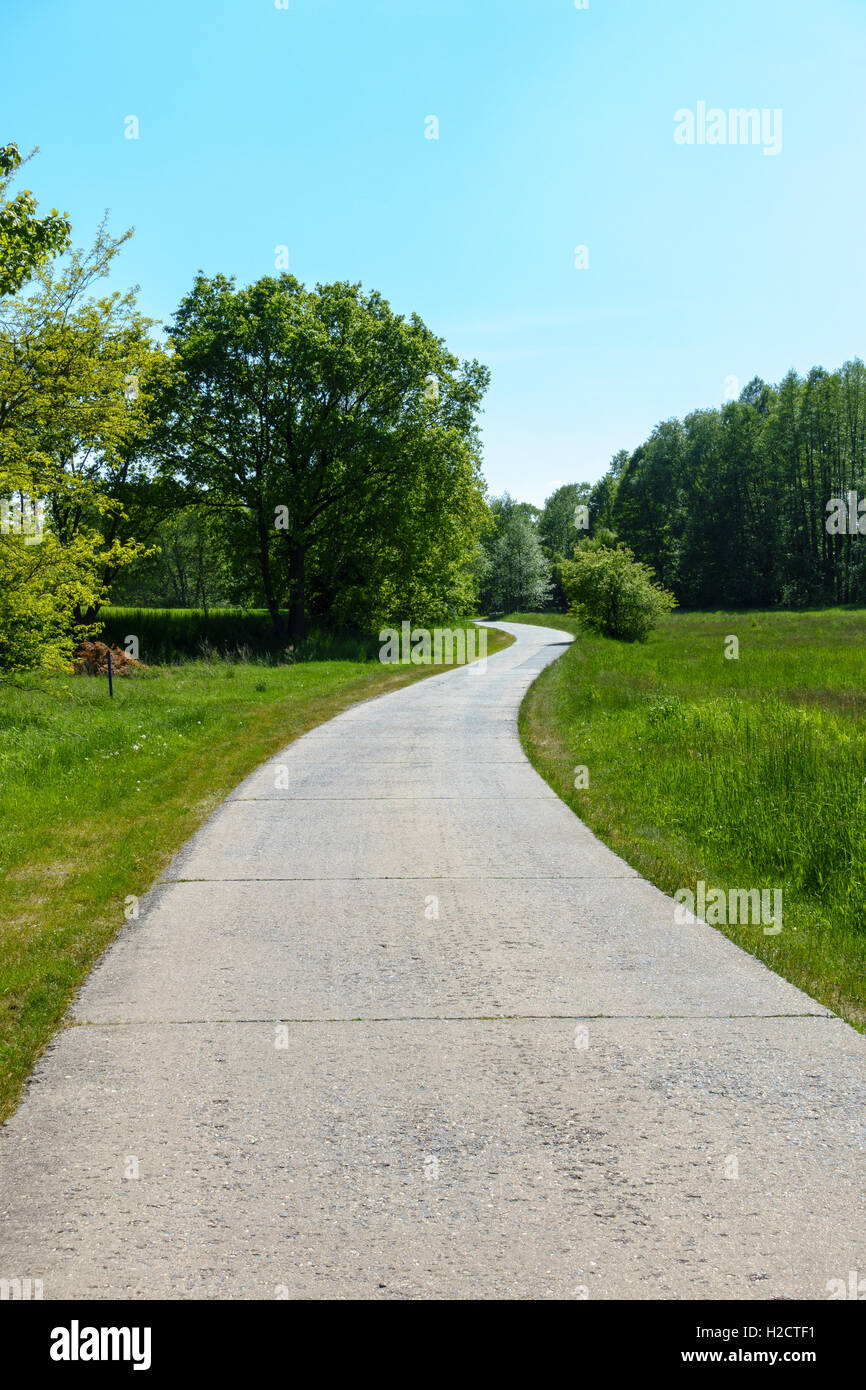 Green field in countryside with trees and woods in distance hi-res ...