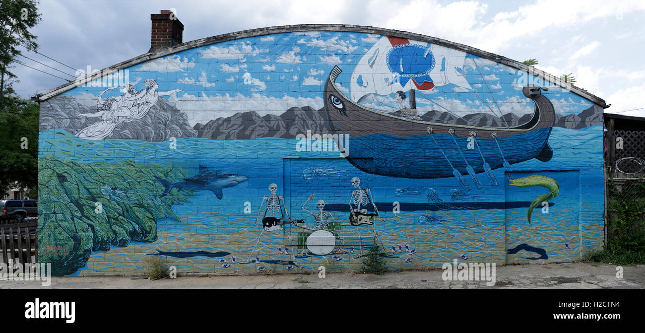 Pirate ship mural on side of Snug Harbor Stock Photo - Alamy