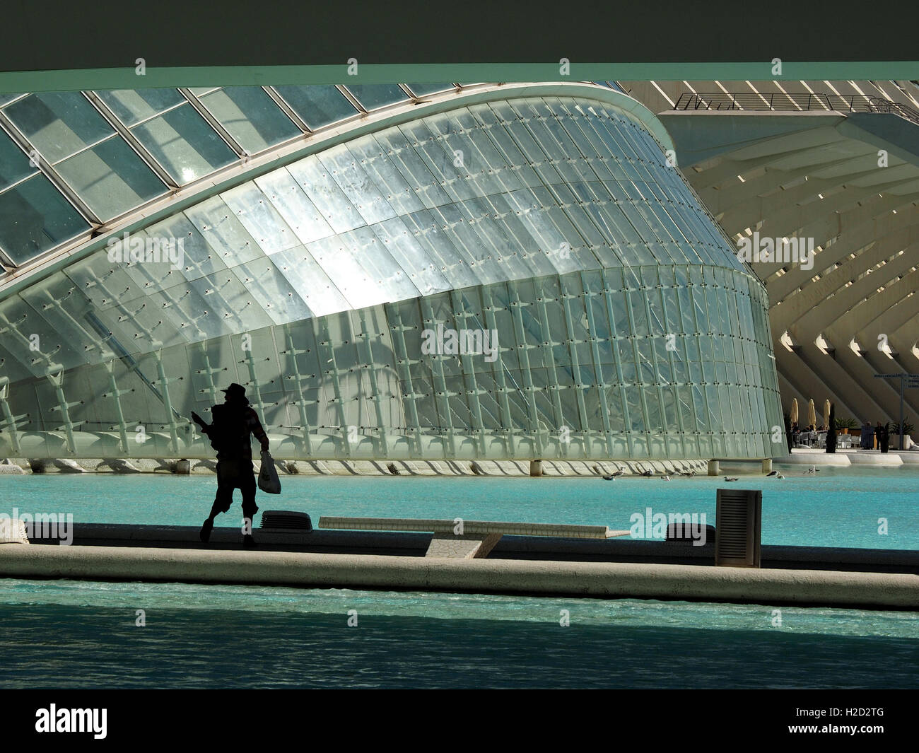 figure silhouetted against part of Arts & Sciences Centre Valencia with ...