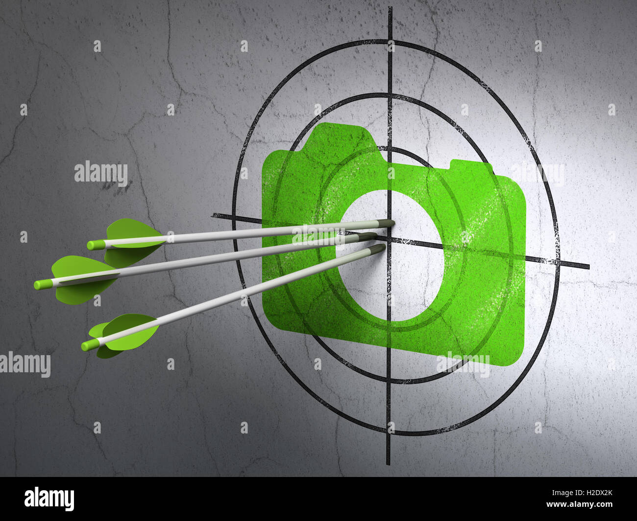 Tourism concept: arrows in Photo Camera target on wall background Stock ...