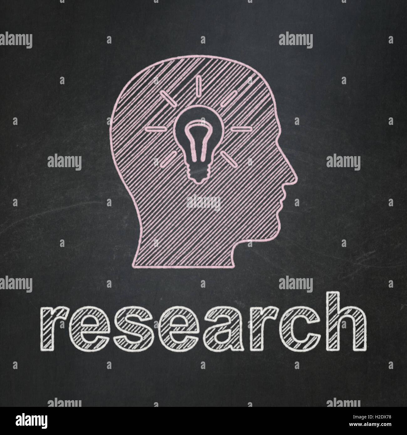 Marketing concept: Head With Light Bulb and Research on chalkboard background Stock Photo - Alamy