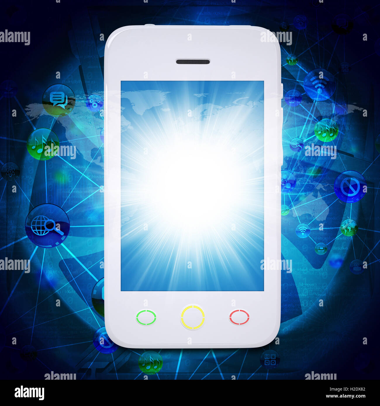 Smartphone, globe, application icons and graphics Stock Photo - Alamy