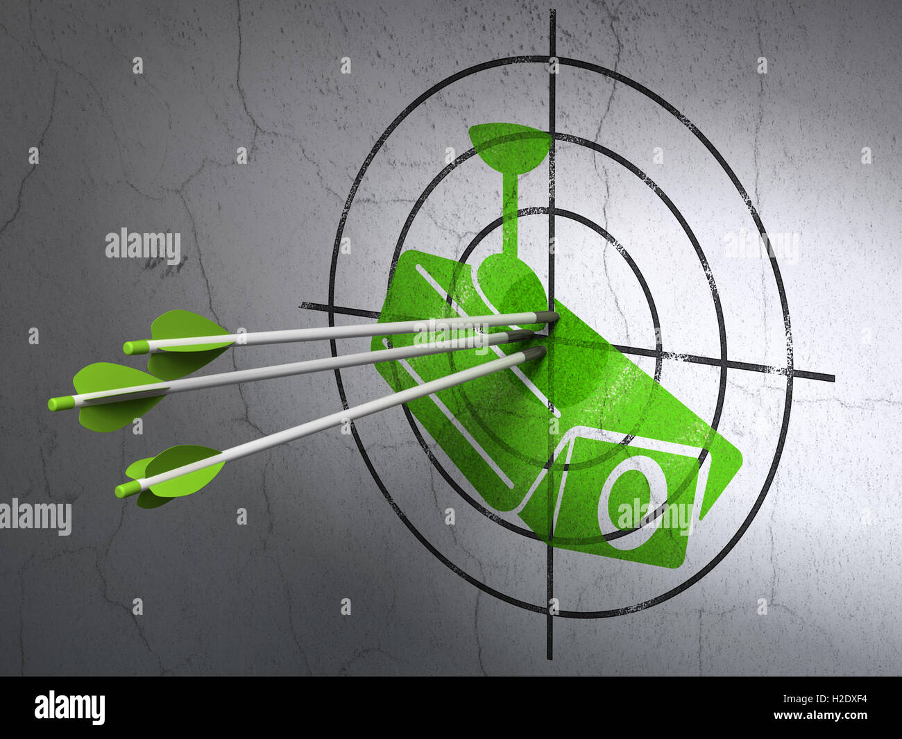 Protection concept: arrows in Cctv Camera target on wall background ...