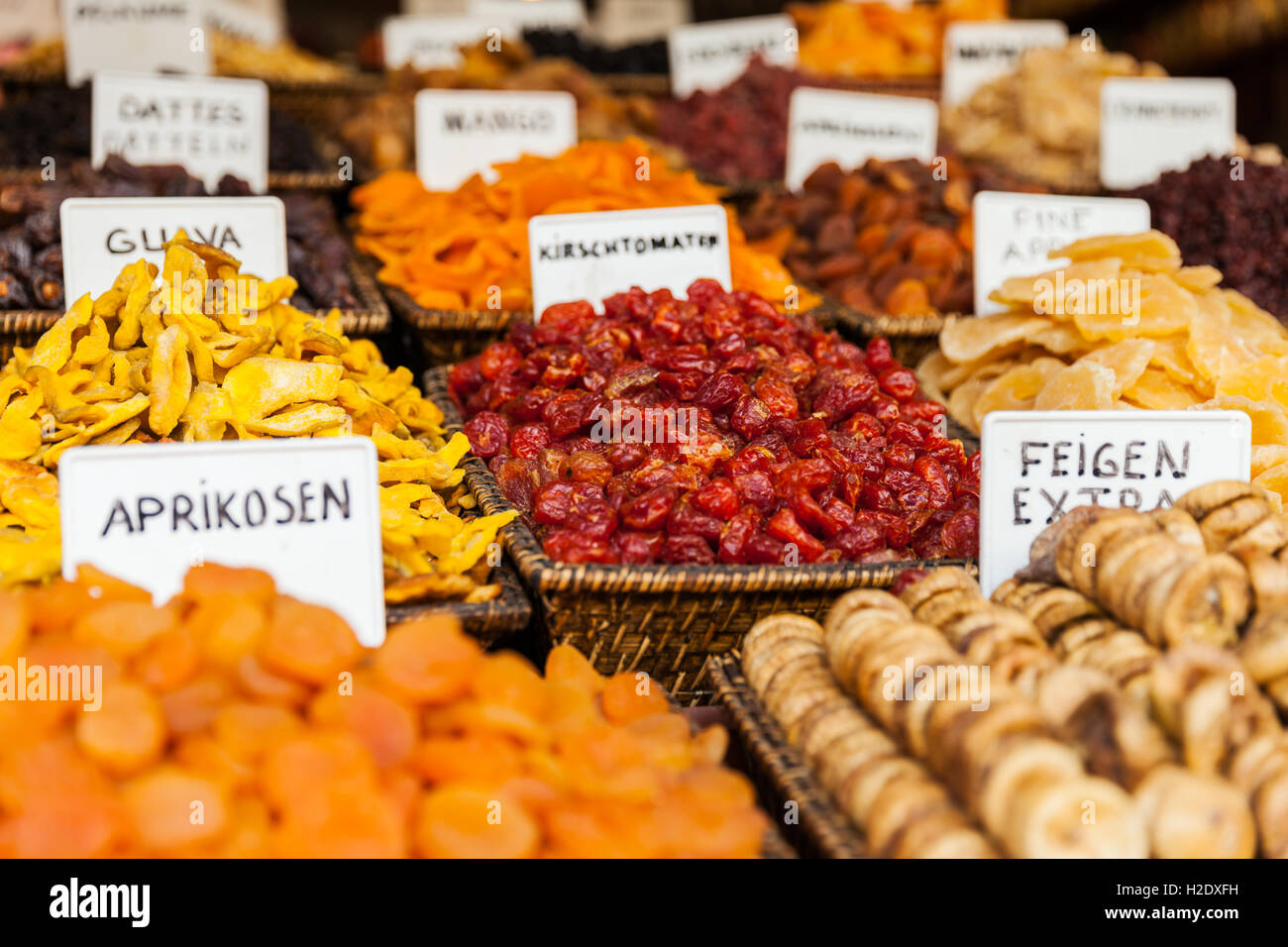 Healthy eating dried fruit snack at food market Stock Photo - Alamy