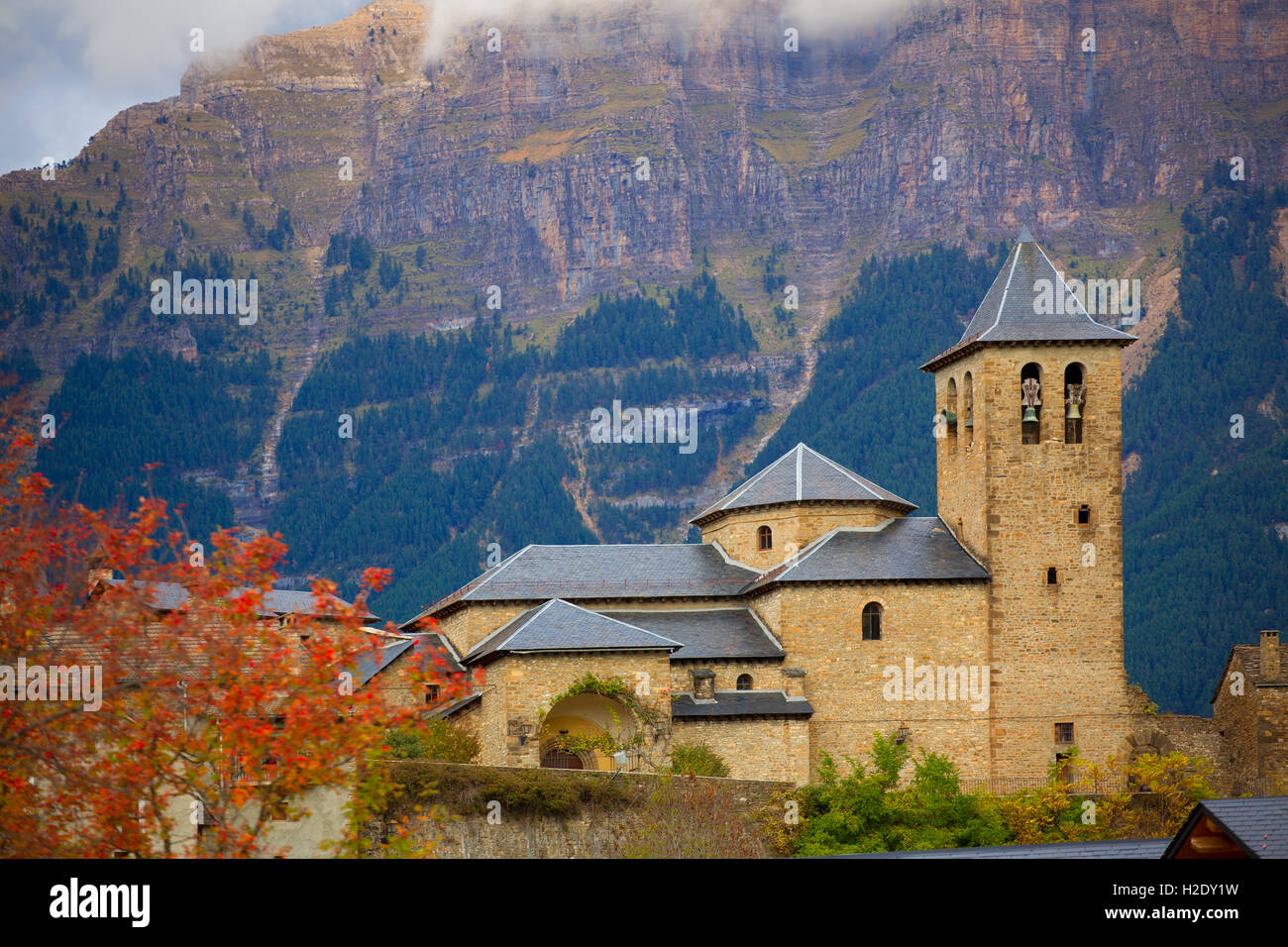 Torla Church in Pyrenees Ordesa Valley at Aragon Huesca Spain Stock ...