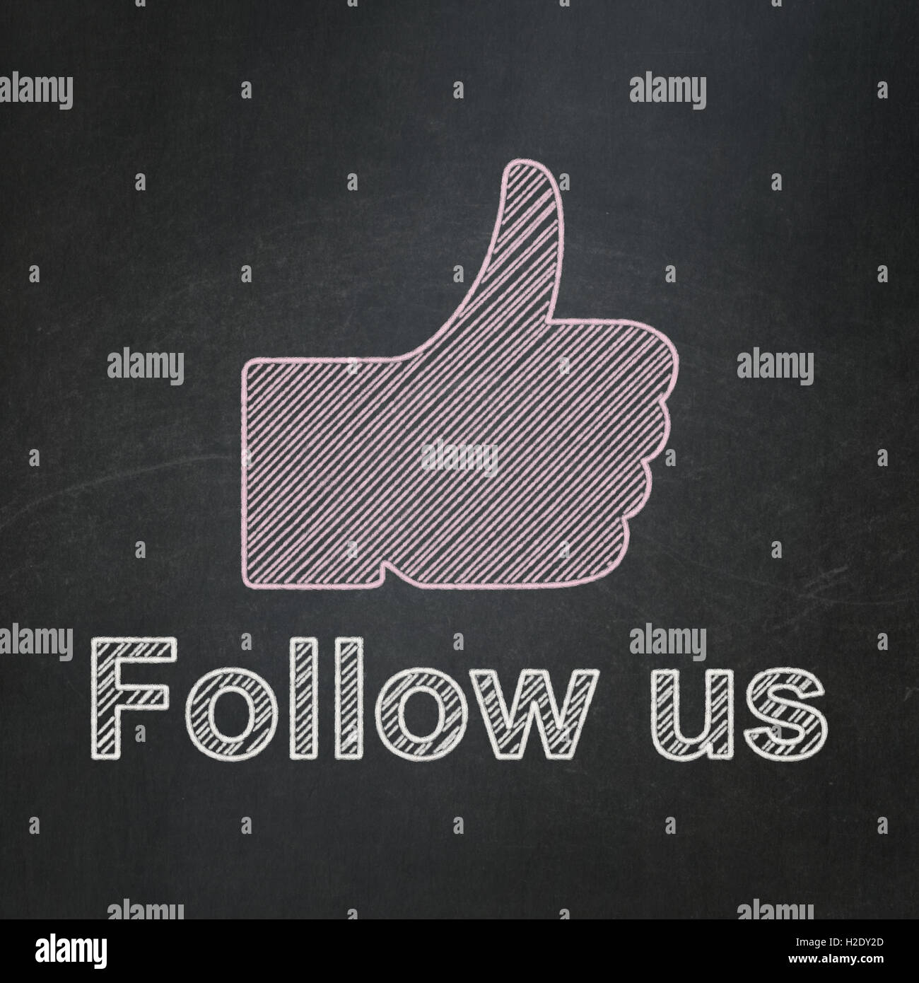 Social media concept: Thumb Up and Follow us on chalkboard background ...