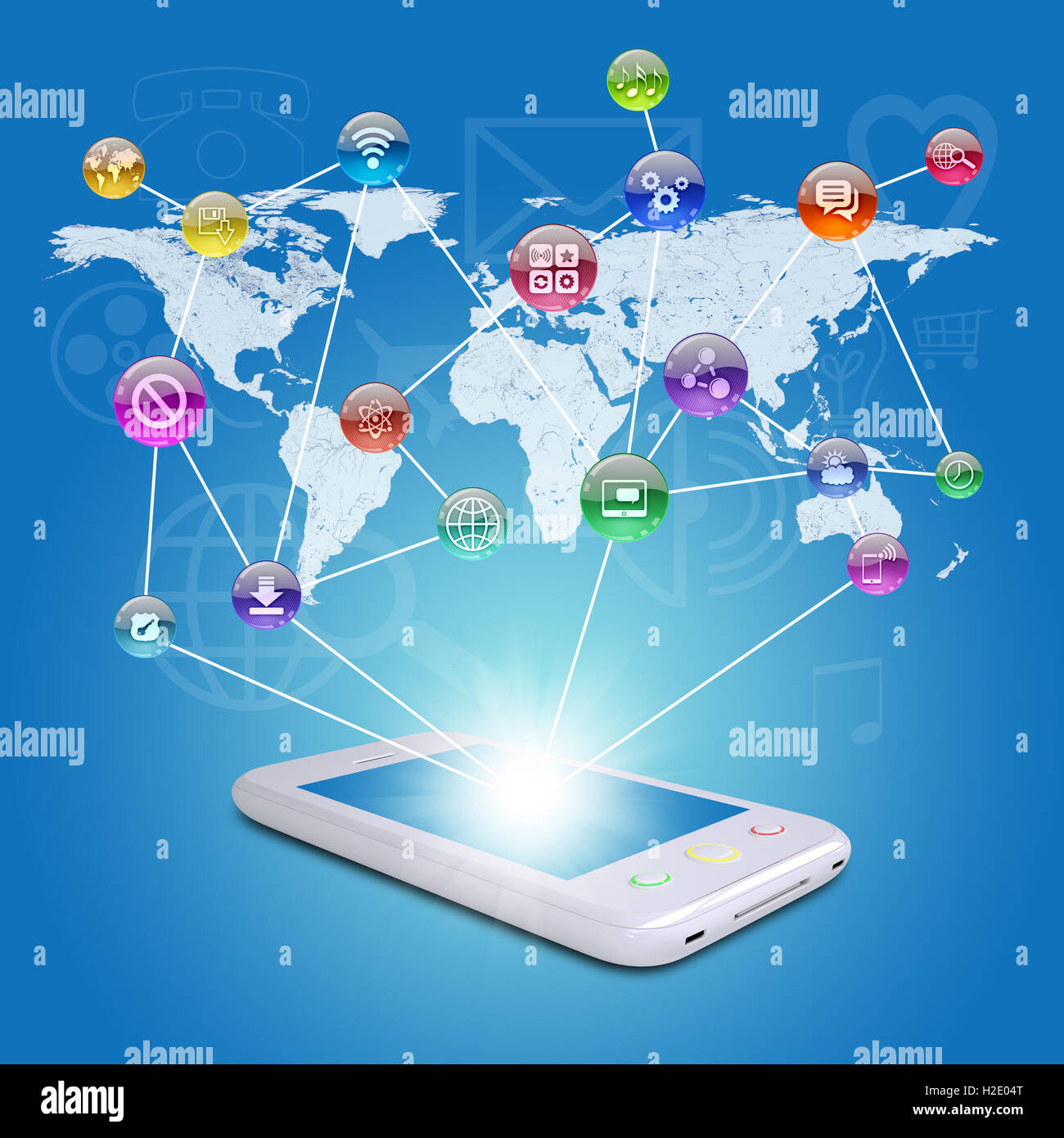 Smartphone, earth map and application icons Stock Photo - Alamy