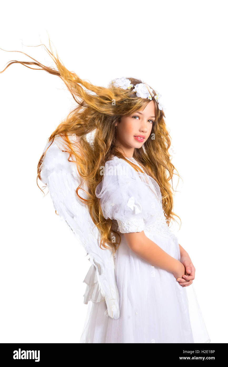 Angel girl on white with flowers crown and feather wings Stock Photo ...