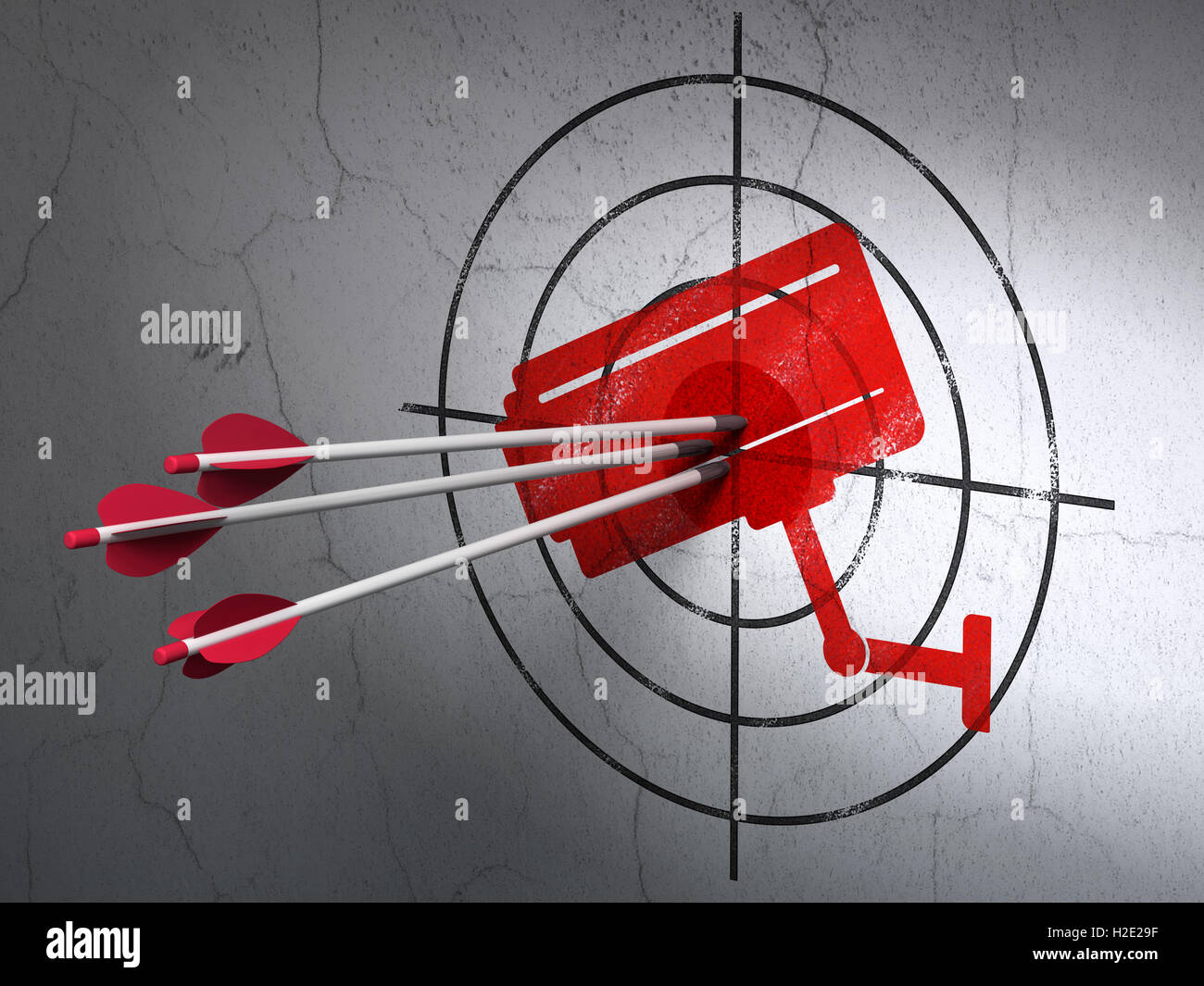 Protection concept: arrows in Cctv Camera target on wall background ...