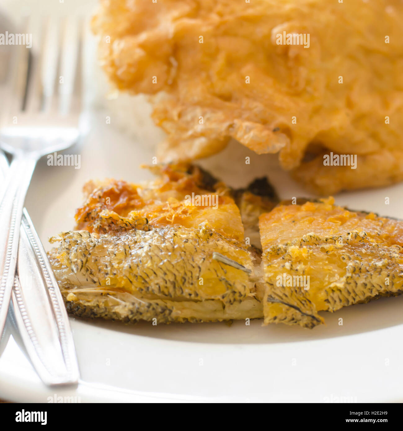 fried fish and omelet in dish Stock Photo - Alamy