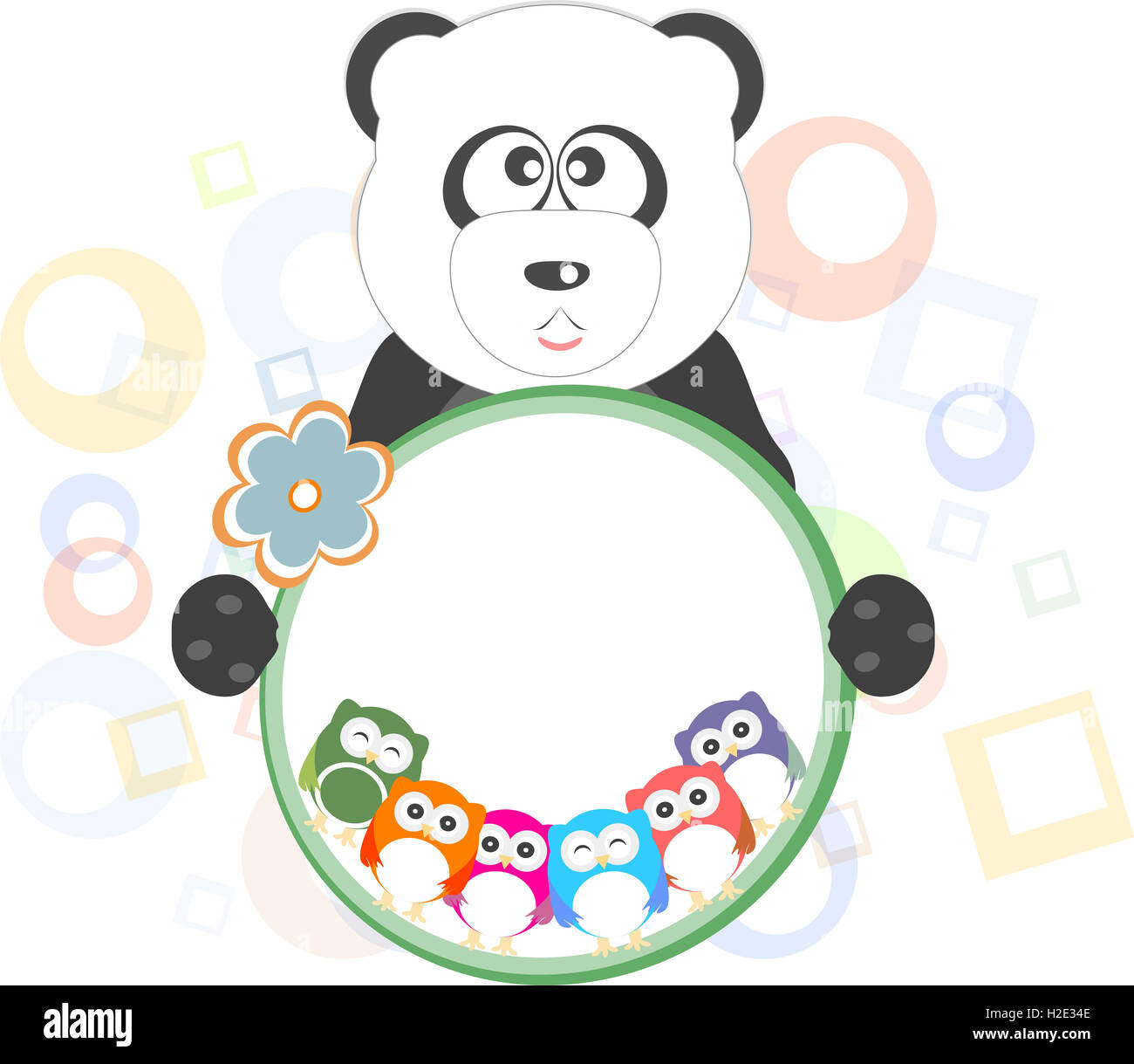 birthday party elements with cute owls and panda Stock Photo - Alamy
