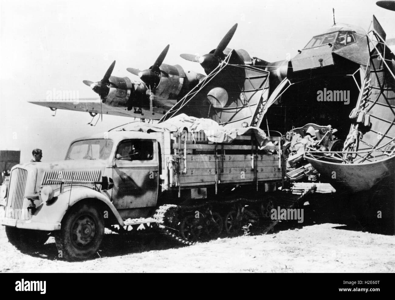The Nazi propaganda image depicts a transport aircraft, type Messerschmitt Me 323 'Gigant' of ...