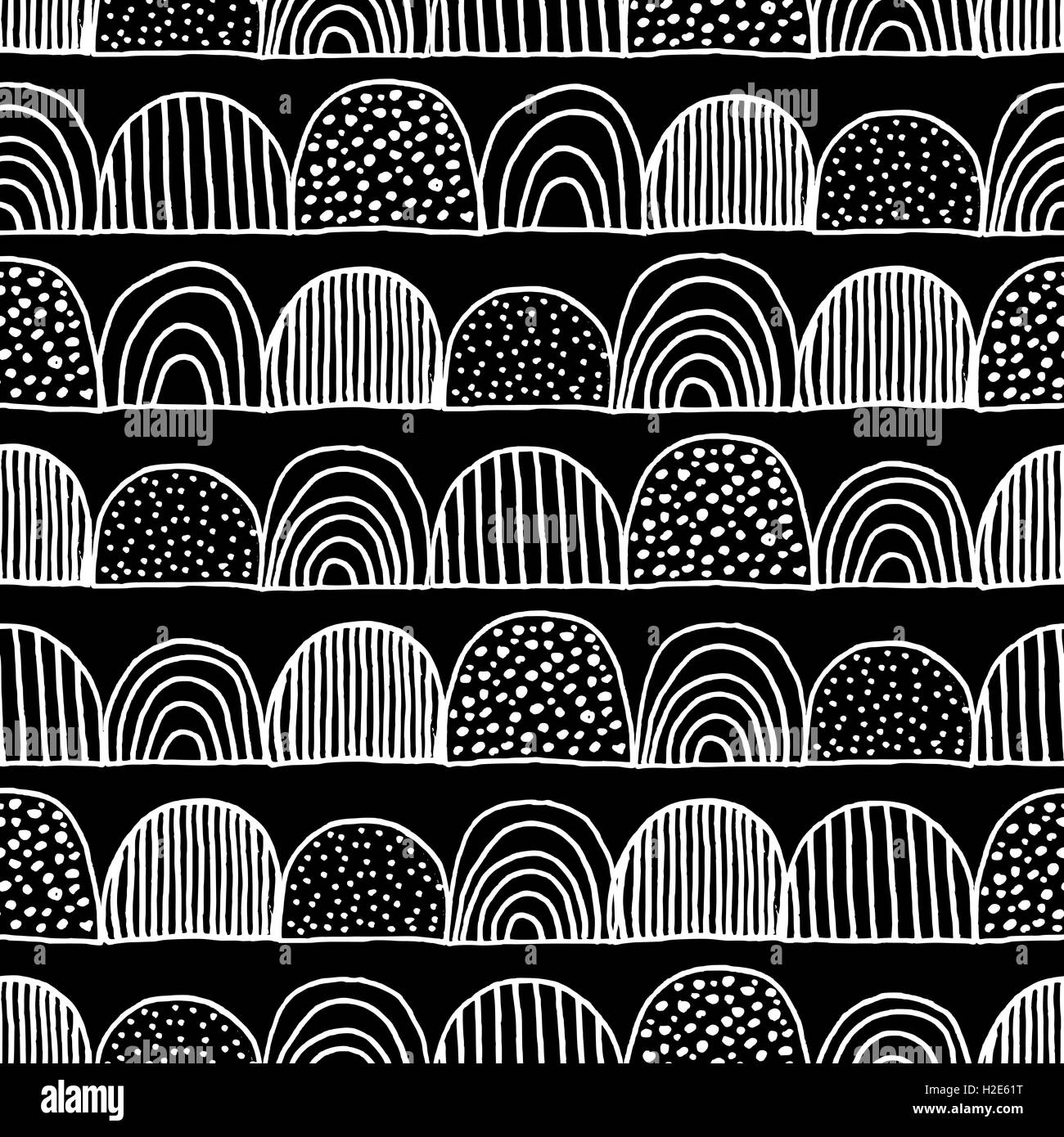 Hand drawn doodles seamless repeating pattern in black and white Stock ...