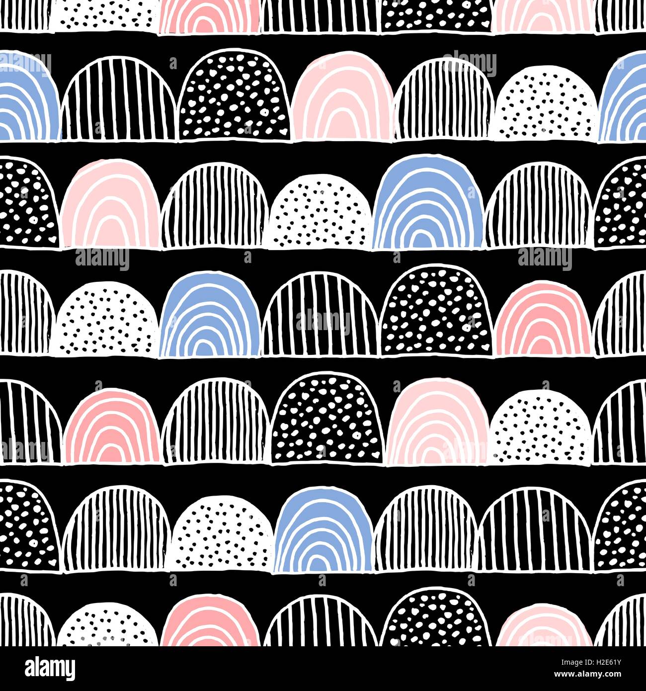 Hand drawn doodles seamless repeating pattern in black, blue, pink and ...