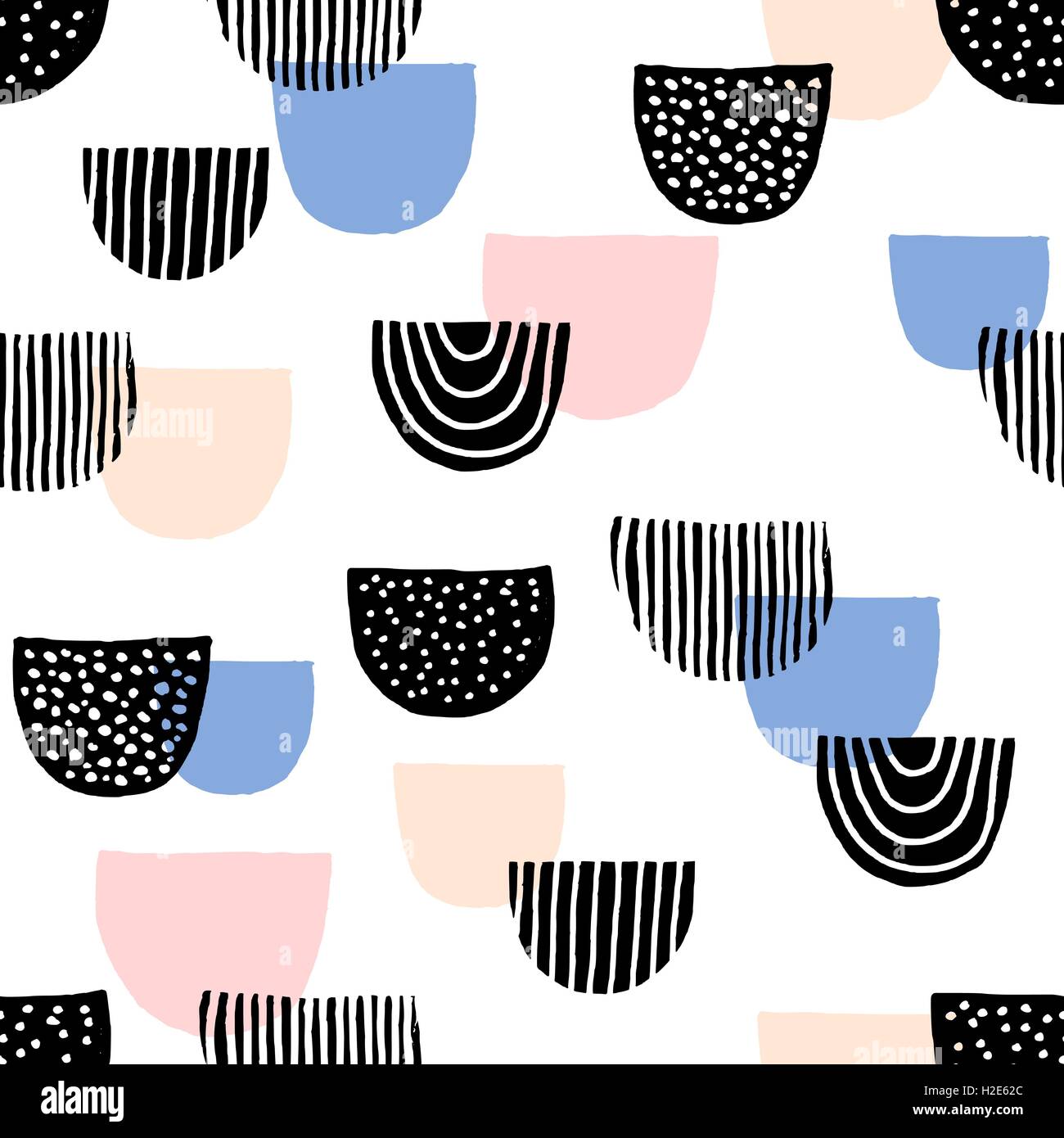 Hand drawn doodles seamless repeating pattern in black, blue, pink and ...